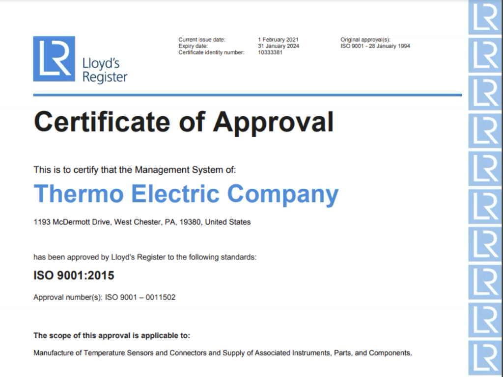 TE ISO 9001-2015 re-certification - Thermo Electric Company, Inc.